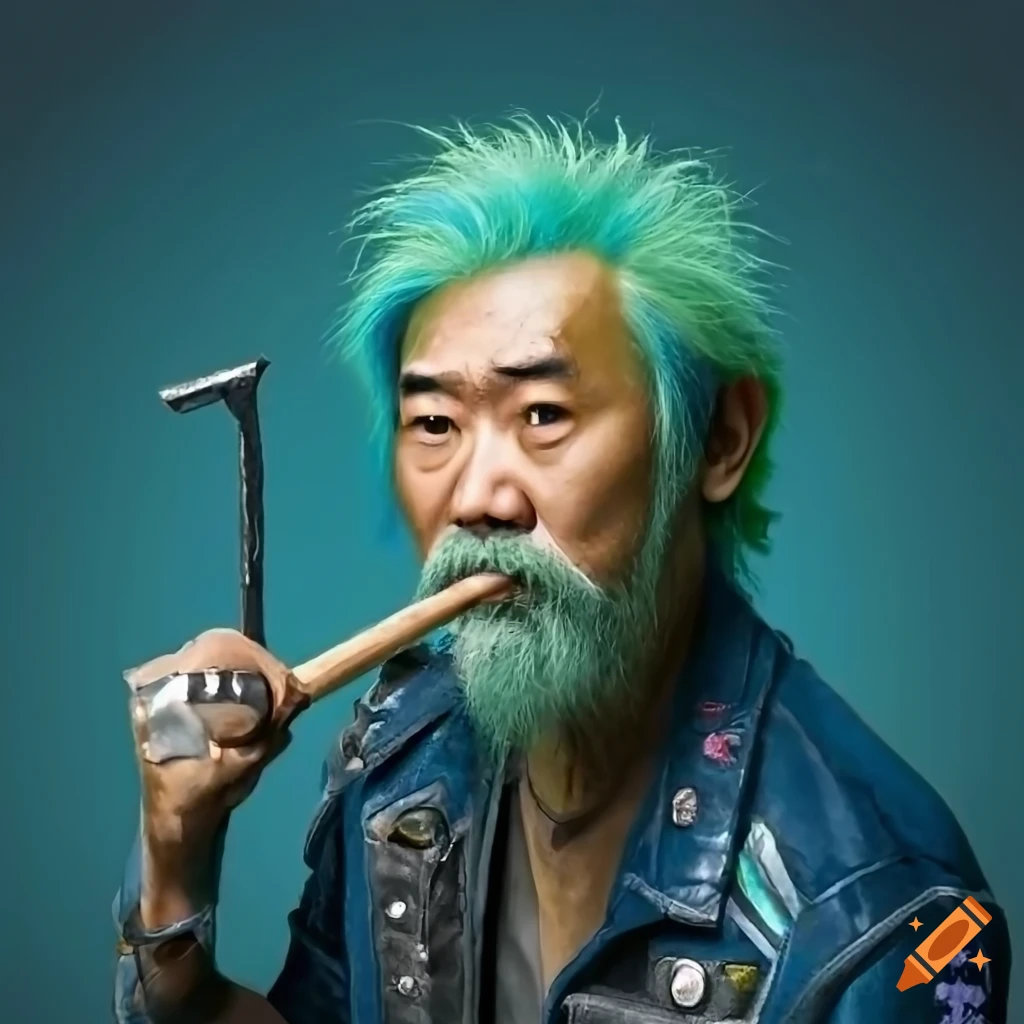 Middle-aged man with beard and punk rock jacket holding hammers on Craiyon