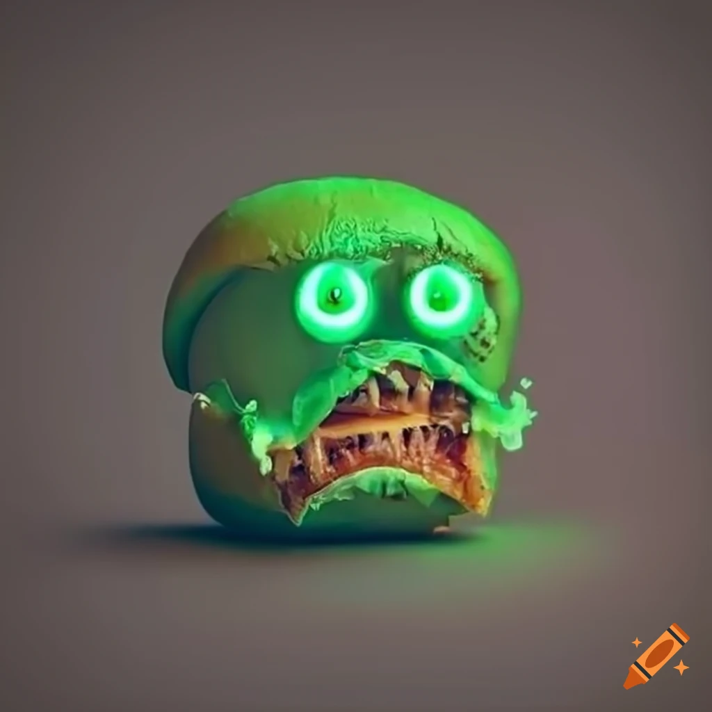 Luminous green-eyed entity emerging from a pulled pork sandwich on Craiyon