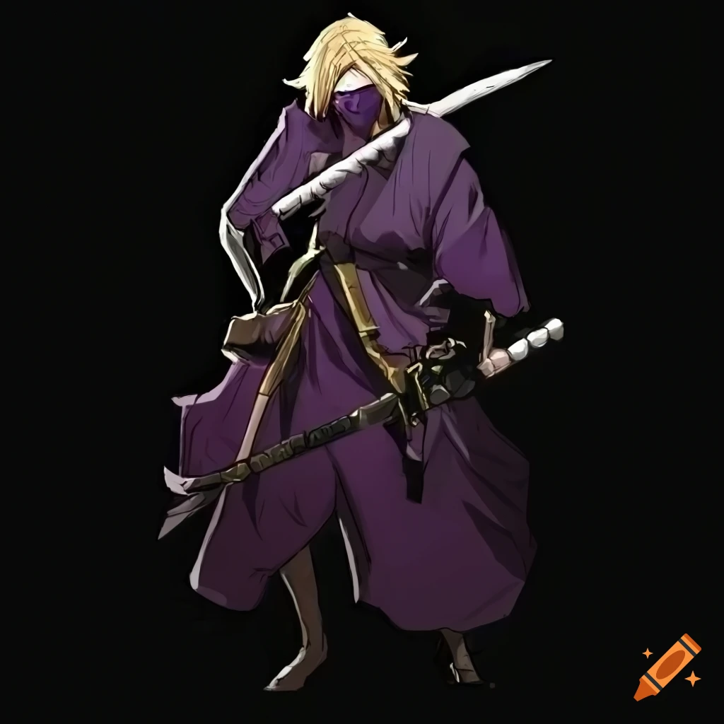 Caucasian male ronin in purple and grey armor with ninja mask on Craiyon