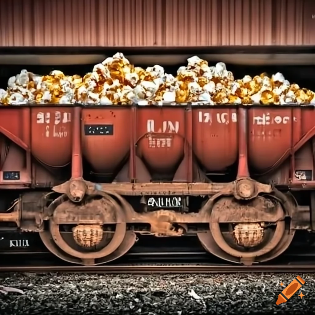 Freight train hopper cars overflowing with popcorn on Craiyon
