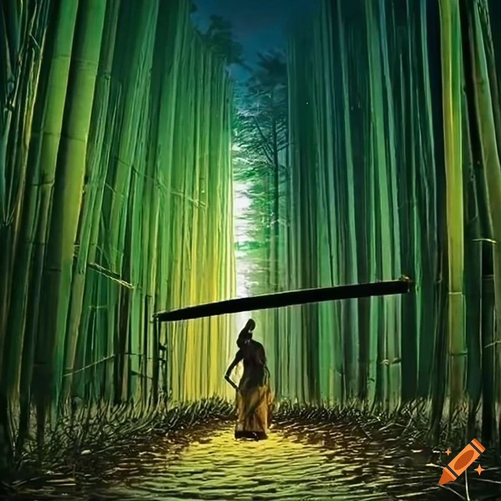 Lush bamboo grove with a samurai sword embedded, symbolic of japan on ...