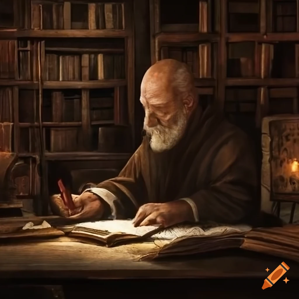 Old medieval monastery library with a wise hermit monk on Craiyon