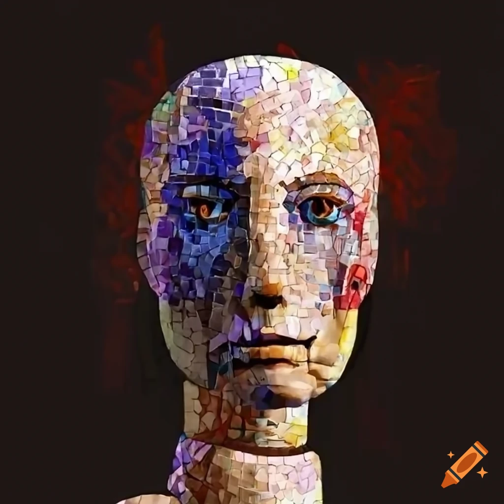 Intricate mosaic of a wooden puppet with a blank expression on Craiyon