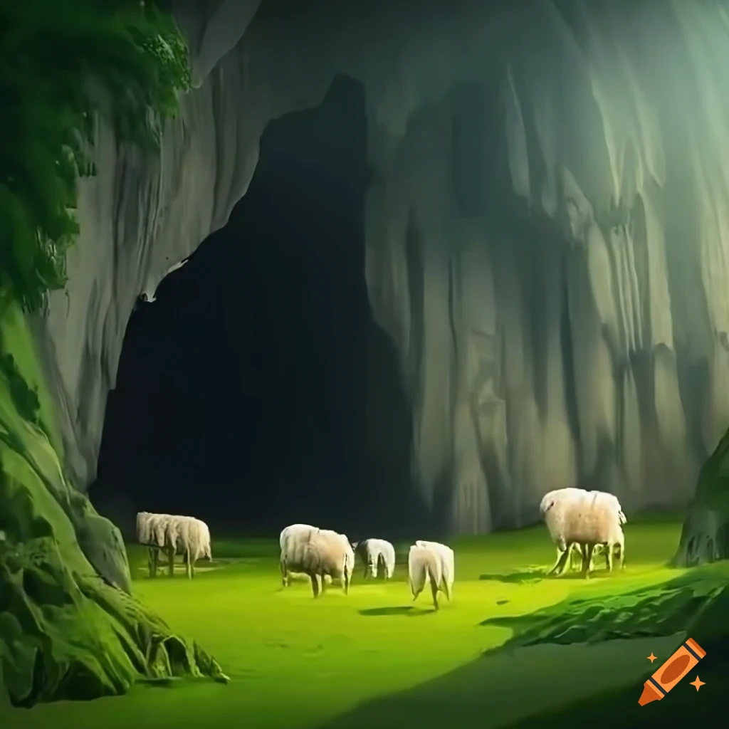 Sheep and cows herding in a cave in the snow mountains with a hot ...