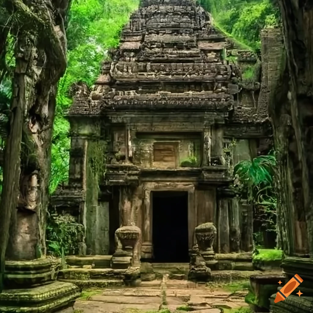 Ancient temple hidden in lush jungle with vines and foliage on Craiyon