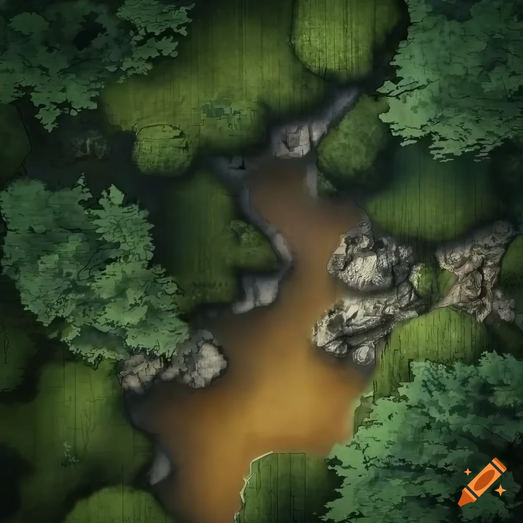 Highly detailed fantasy rpg forest river modular map on Craiyon