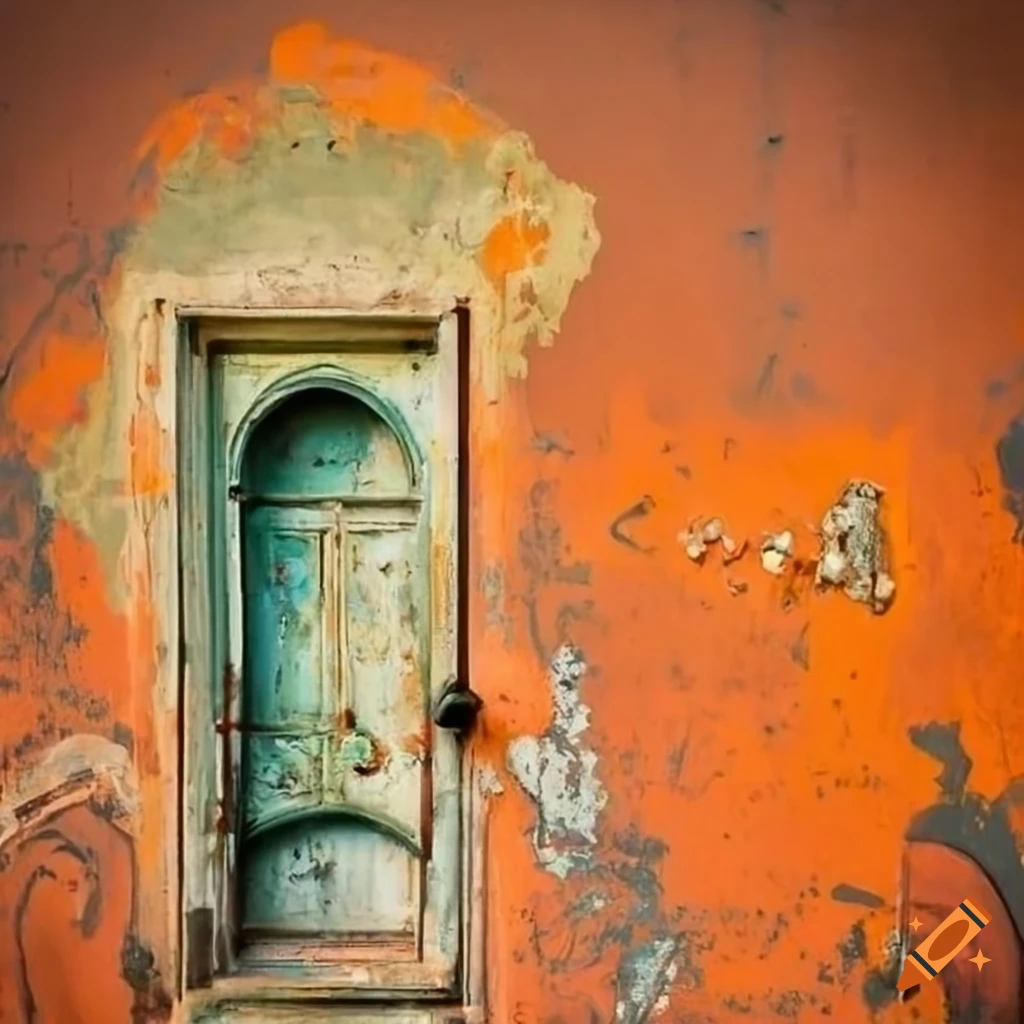 Old mansion door with rolling plaster walls and faded orange lemon ...