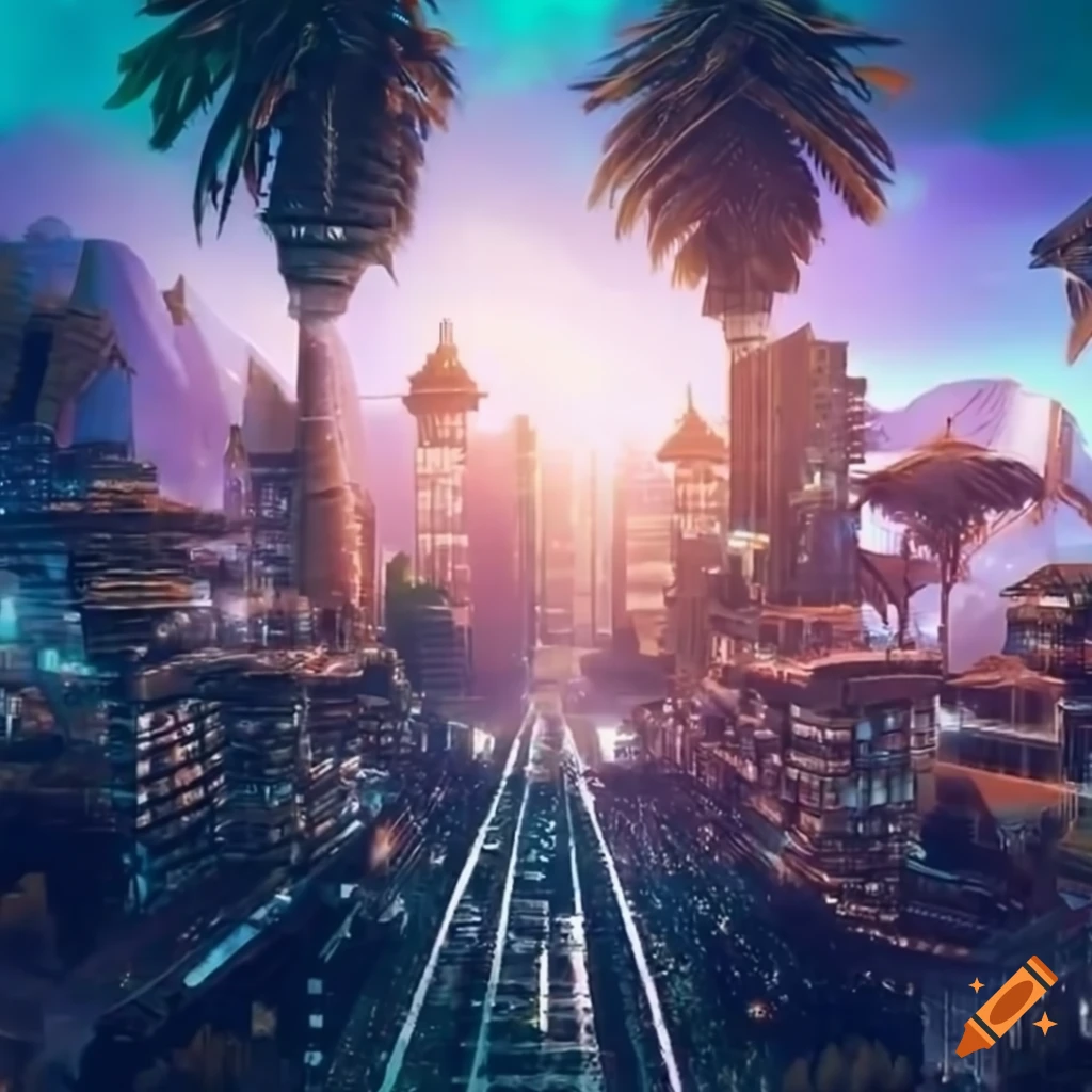 Futuristic tropical city with palm trees in a solarpunk setting on Craiyon