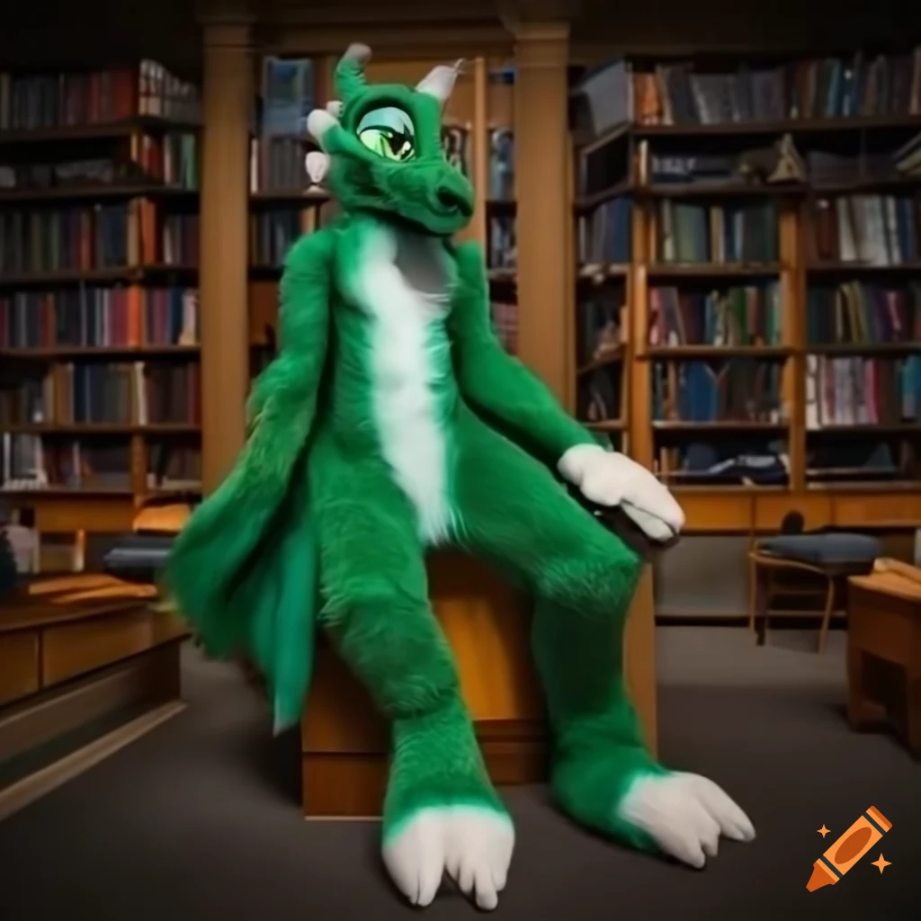 Female librarian with a green-colored anthro male dragon in a library ...
