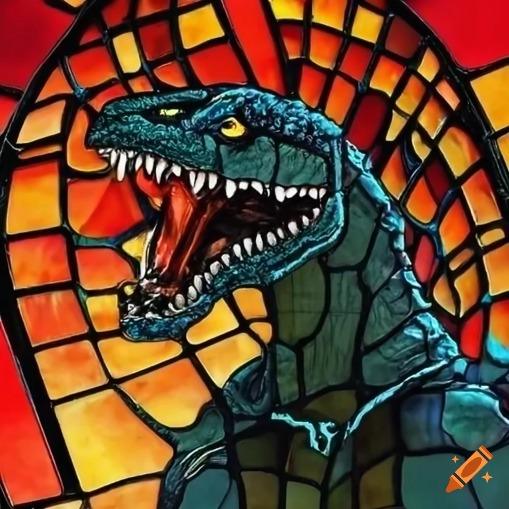 Stained glass illustration of saint godzilla on Craiyon