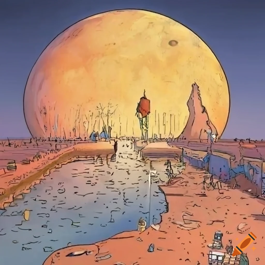 Surreal street scene on a weird planet by moebius on Craiyon