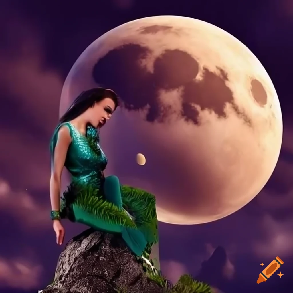 Sultry retro sci fi girl on an alien planet under a gibbous moon on Craiyon