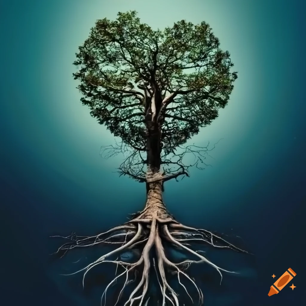 Heart-shaped tree with roots showing and branches reaching outward ...