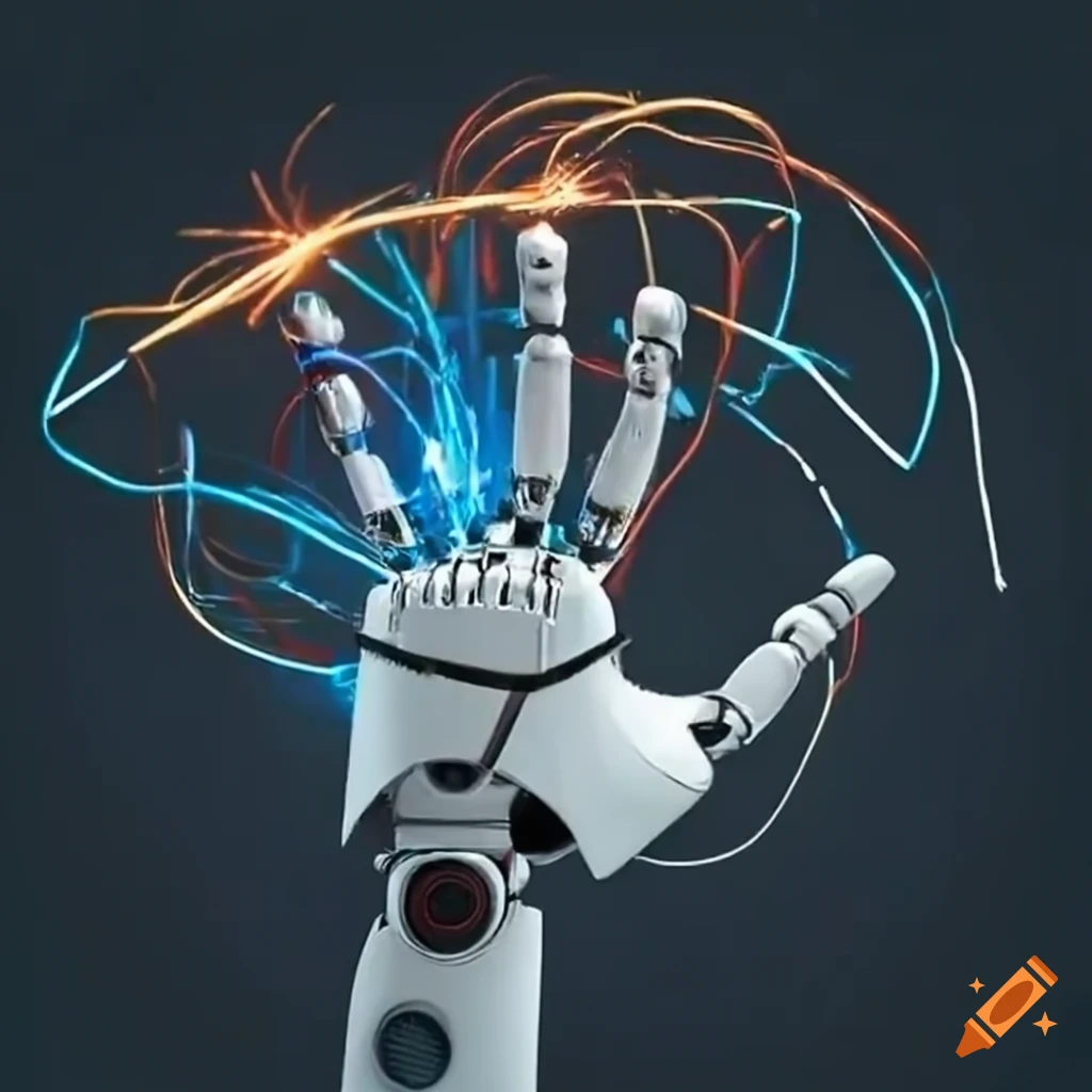 Robotic hand with wires and sparks on Craiyon