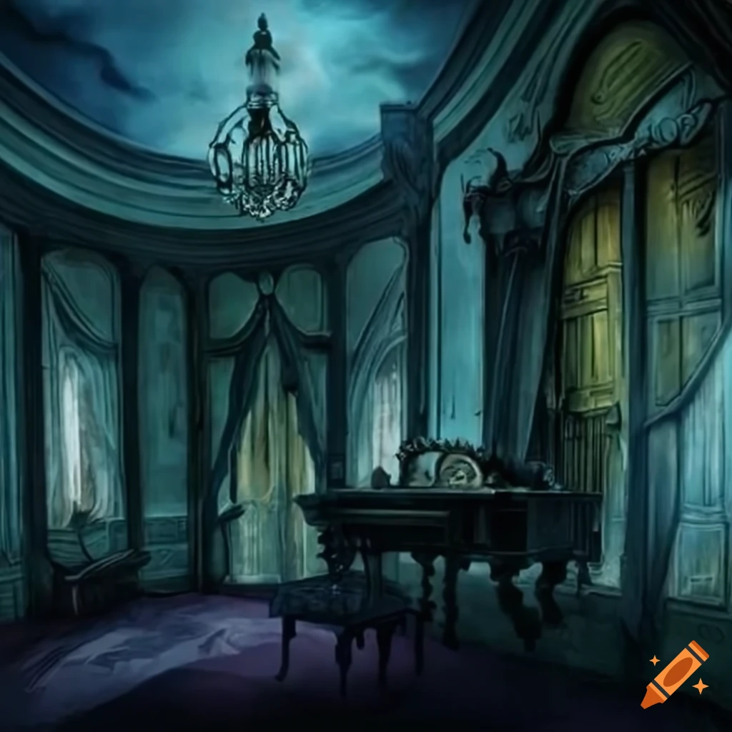 Interior of a haunted mansion in a fantasy mystery setting on Craiyon