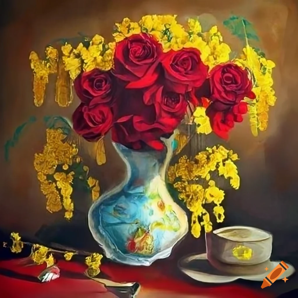 Still life gypsy/hippie artwork with red roses, yellow cassia flowers ...