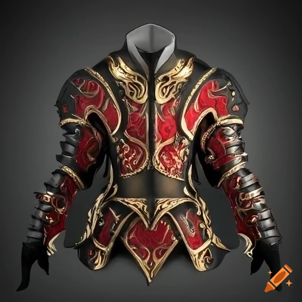 Intricate black, gold, and red arm armor design on Craiyon