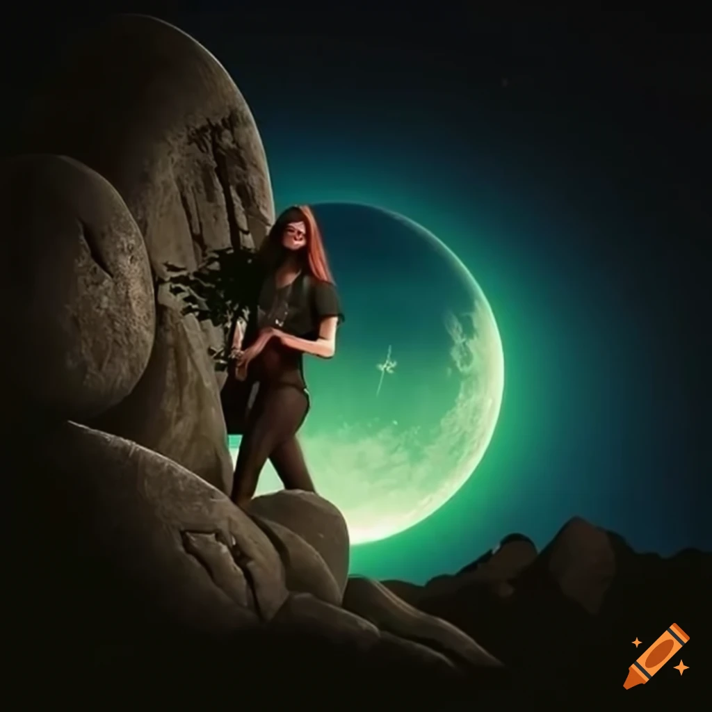 Sultry retro sci fi girl on an alien planet under a gibbous moon on Craiyon