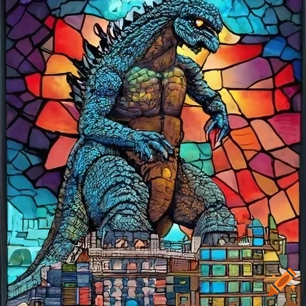 Stained glass godzilla with exceptional detail in fantasy graphic novel ...