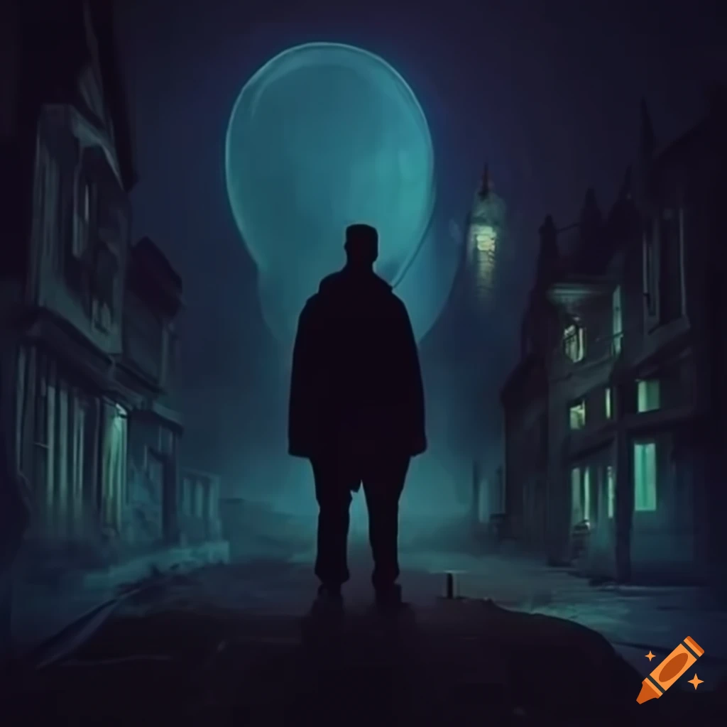 Man standing in a spooky town at night on Craiyon