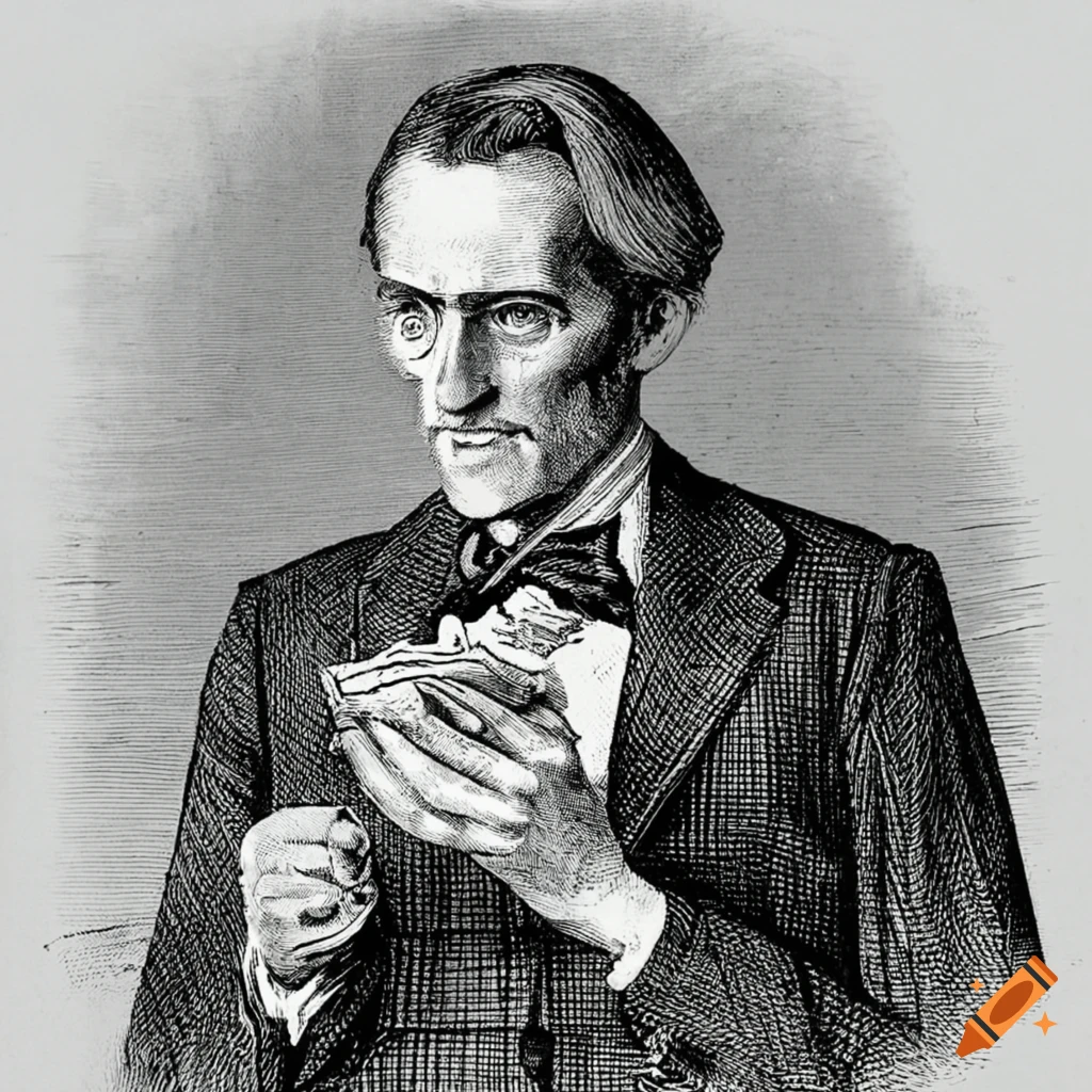 Vintage wood engraving of a man in plaid suit eating crêpes suzette on ...