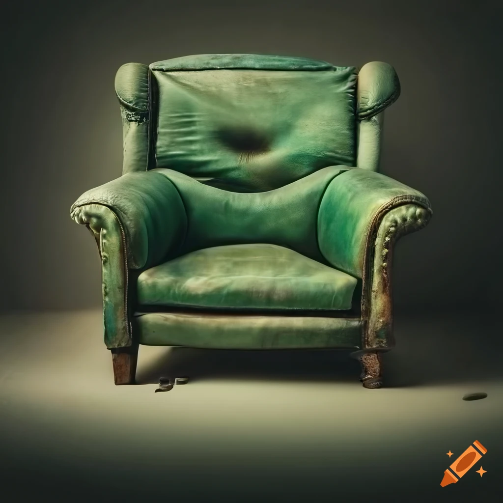 Texture of old green worn leather chair with stuffing under foggy ...