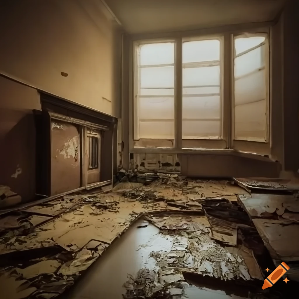 Abandoned flooded storage room with built-in cabinets and peeling ...