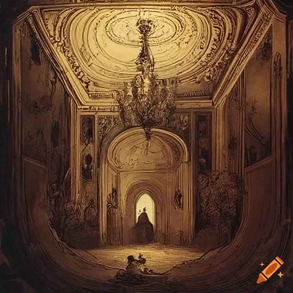 Ink drawing of hotel room ceiling in gustave doré style on Craiyon