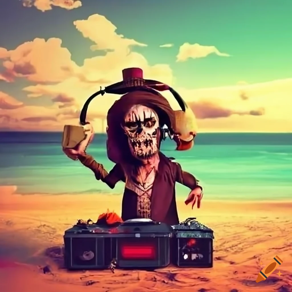Voodoo man with headsets and turntables on the beach on Craiyon
