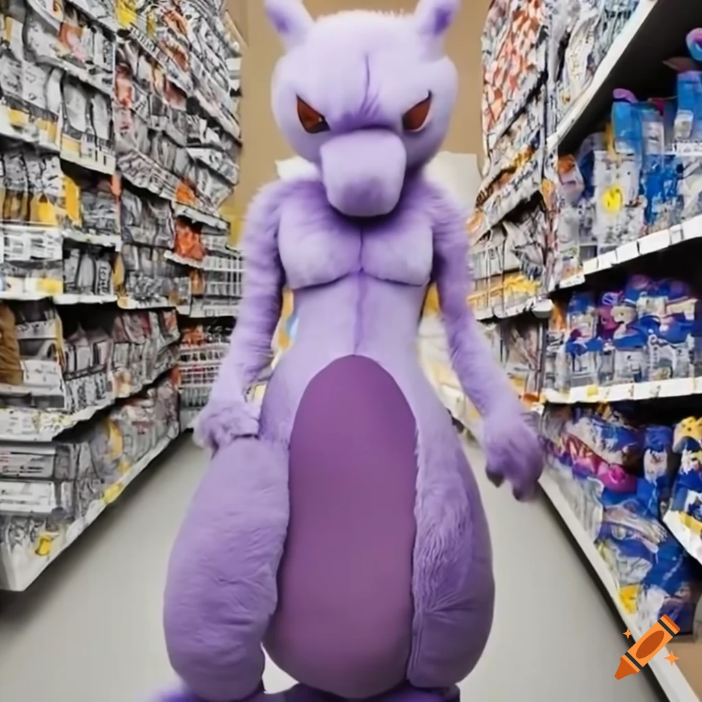 Female employee in a mewtwo mascot costume at walmart on Craiyon