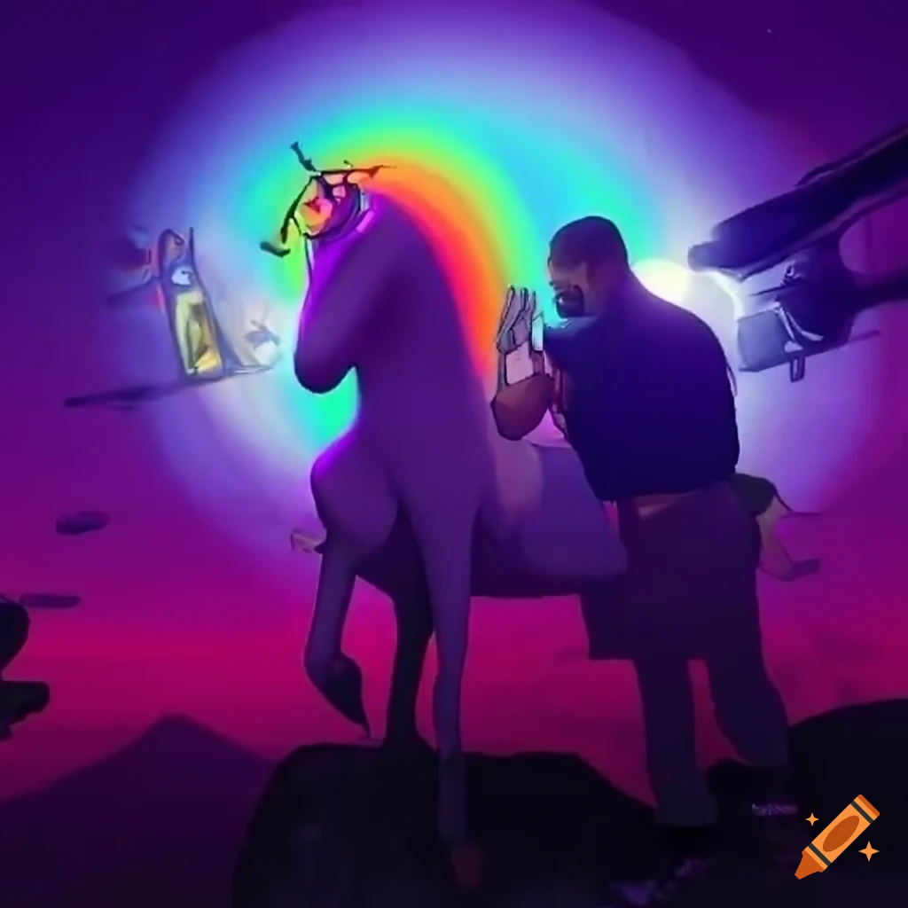 Rainbow unicorn-forward scene in Grand Theft Auto 6 on Craiyon