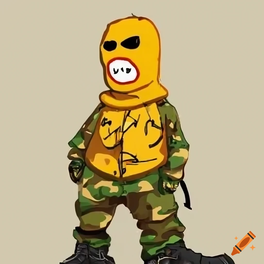 Male character in military camouflage with ski mask and black boots, in ...