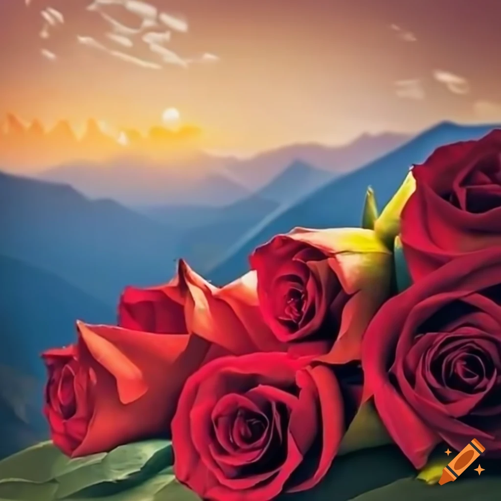 Romantic bunch of red roses and daffodils in mountain panorama on Craiyon