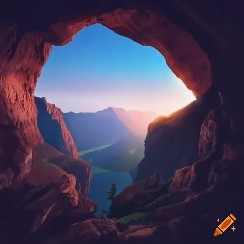 Cave overlooking mountains at the edge of the world on Craiyon