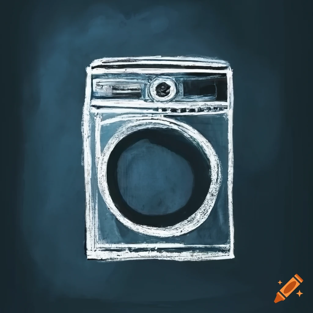 White chalk drawing of a washing machine on a blue slate background on ...