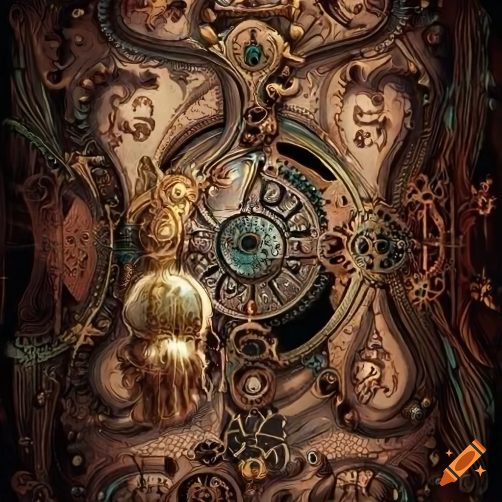 Elaborate steampunk-style victorian-inspired book cover design on Craiyon