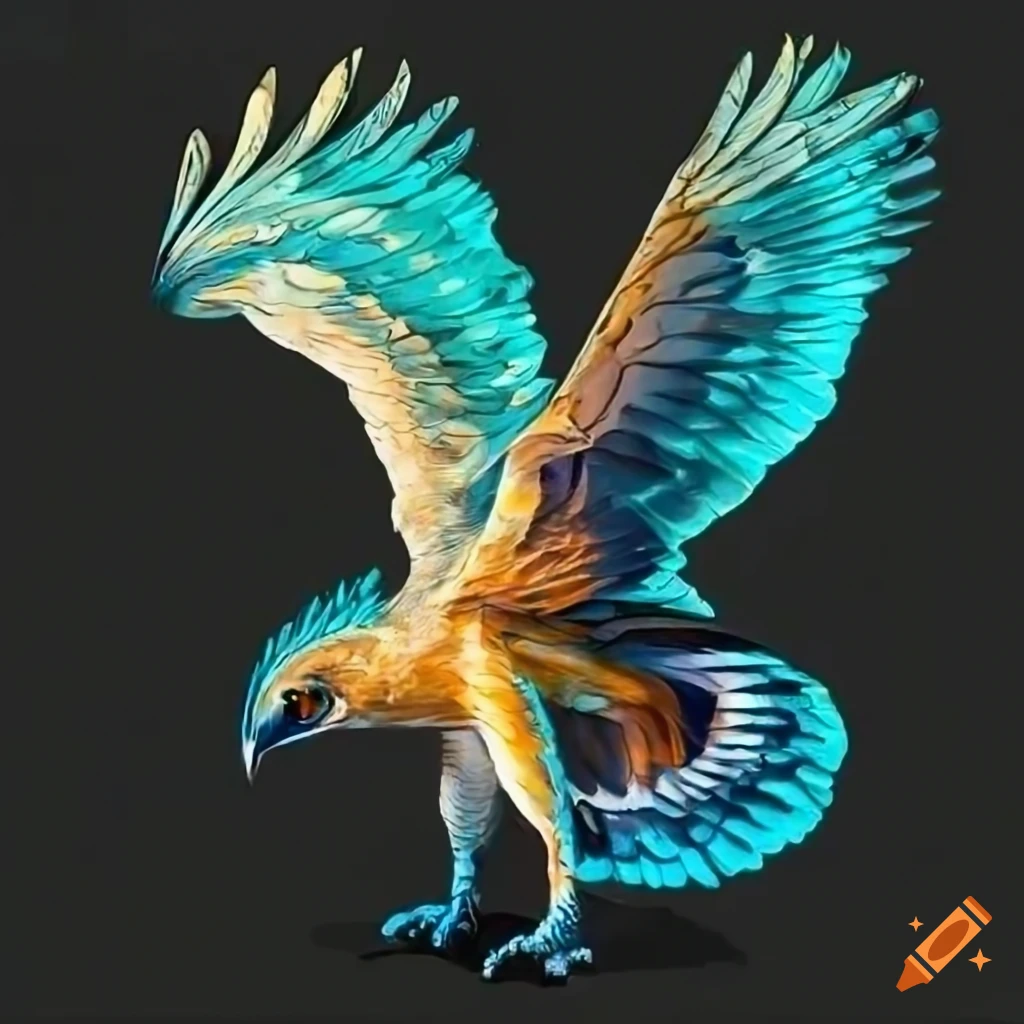 Mythical Harpy Eagle in cyan, turquoise, and gold colors with flaming ...