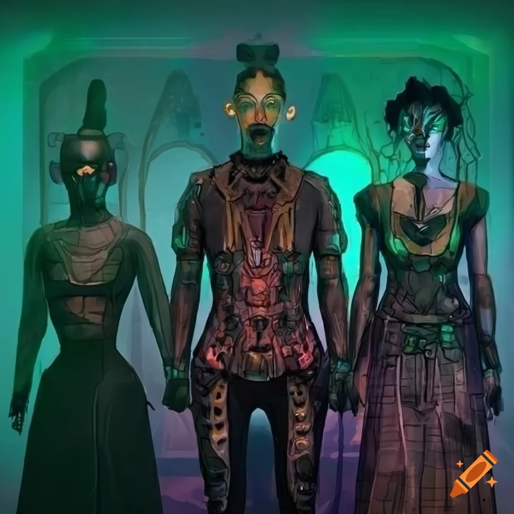 Digital illustration of a biopunk family in a biopunk setting with ...