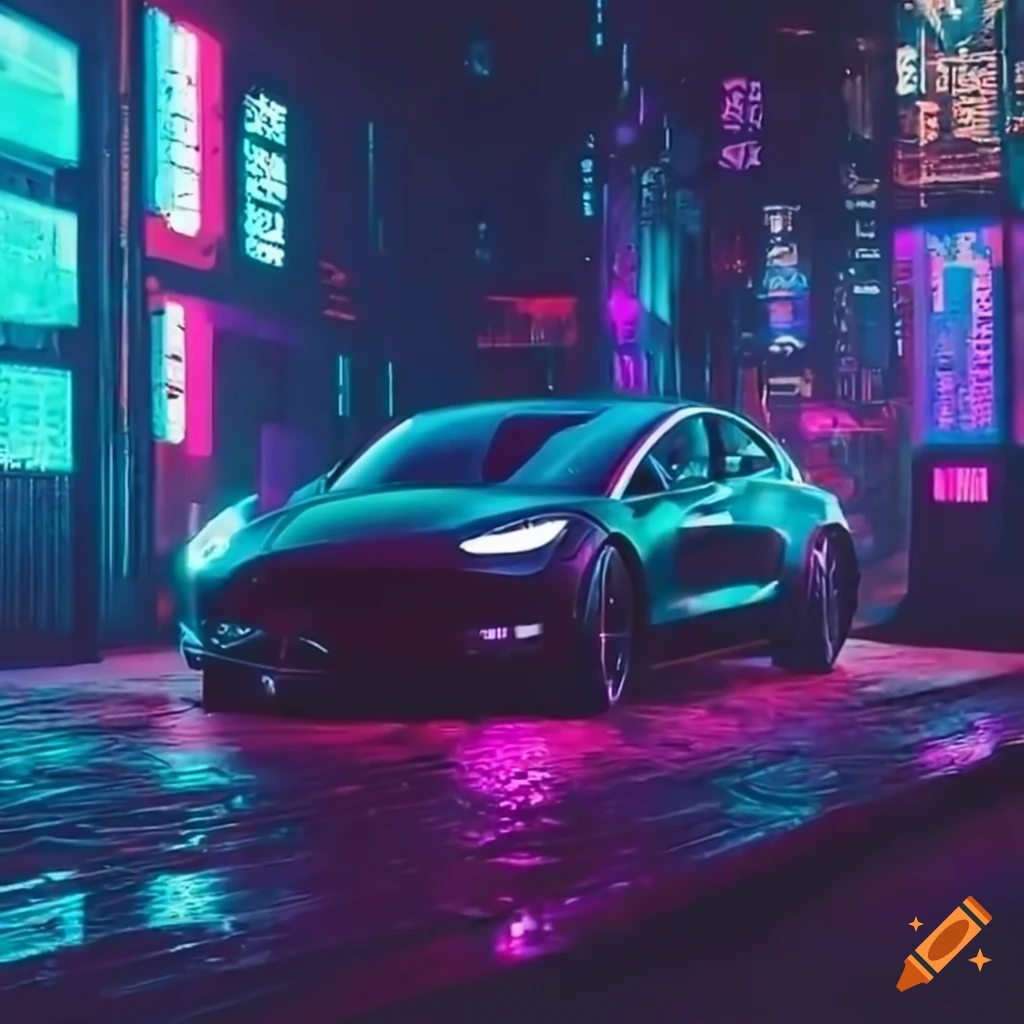 Tesla model 3 parked in a cyberpunk environment on Craiyon