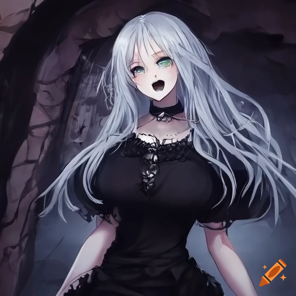 Gothic anime character with long white hair in a catacomb lair on Craiyon