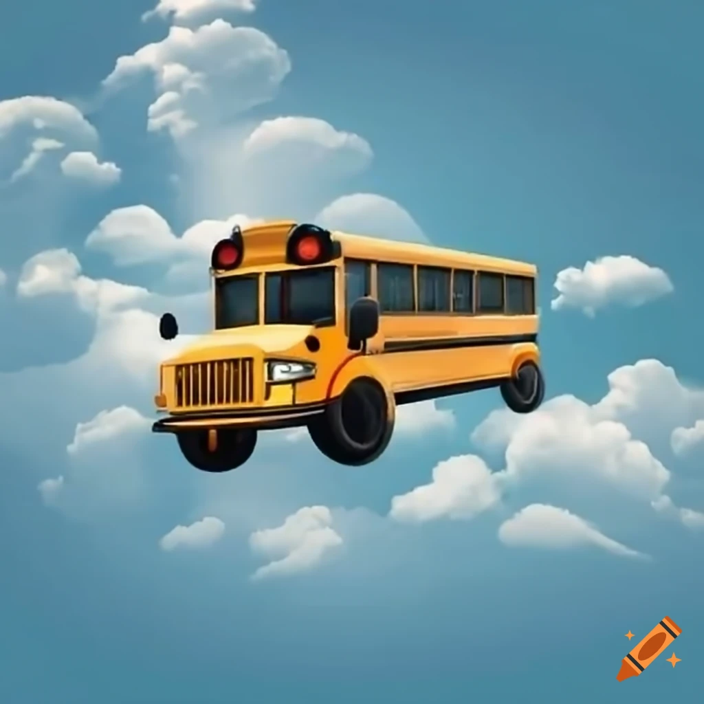 School bus flying through the clouds on Craiyon