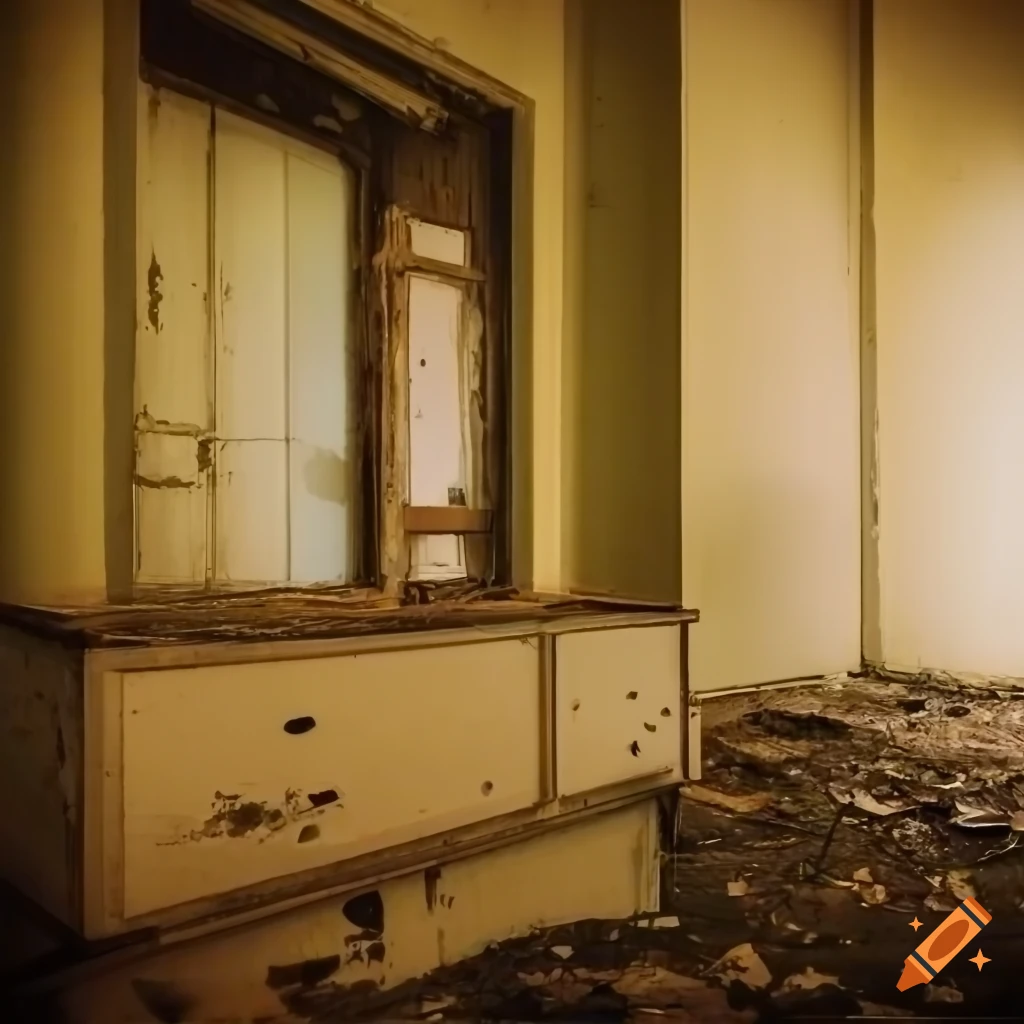 Abandoned flooded storage room with built-in cabinets and peeling ...