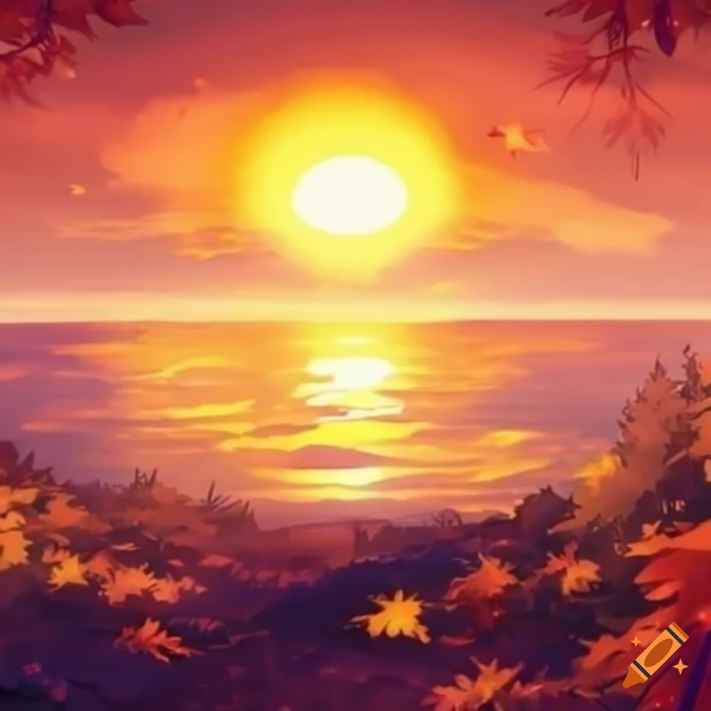 Anime depiction of a bright sunset in autumn on Craiyon