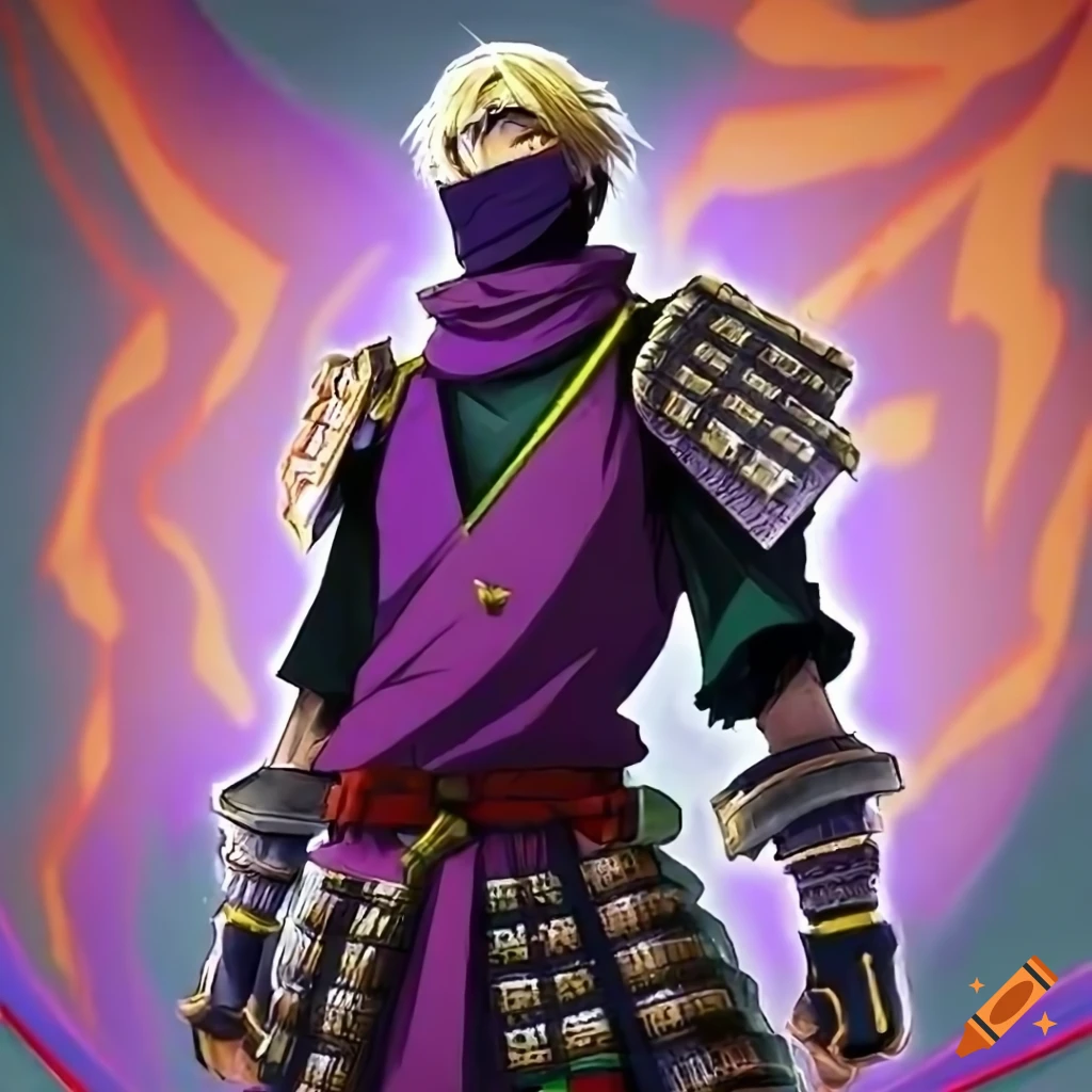 Fierce blue-eyed male ronin with ninja mask and armor in samurai ...