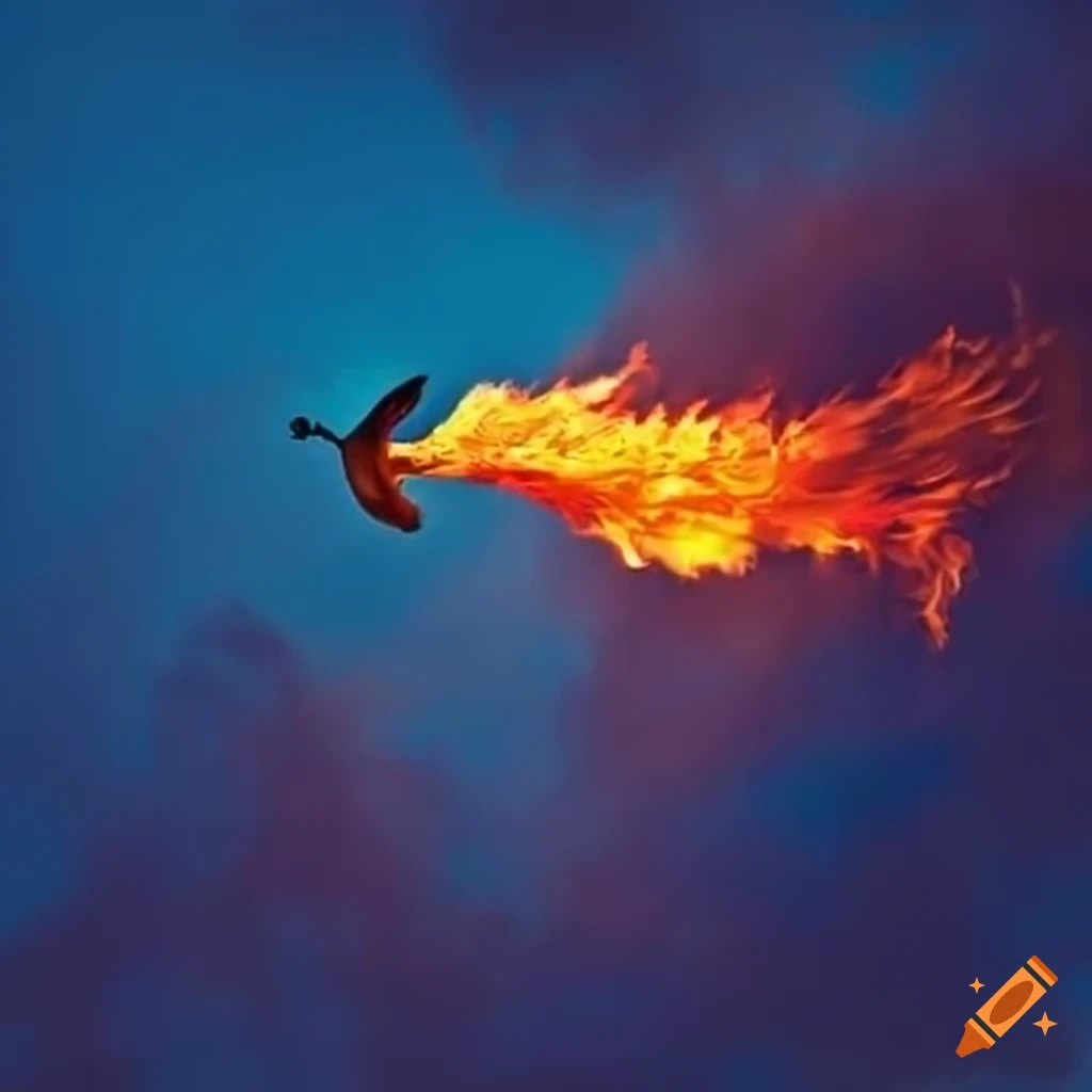 Flying bird on fire against a blue sky on Craiyon