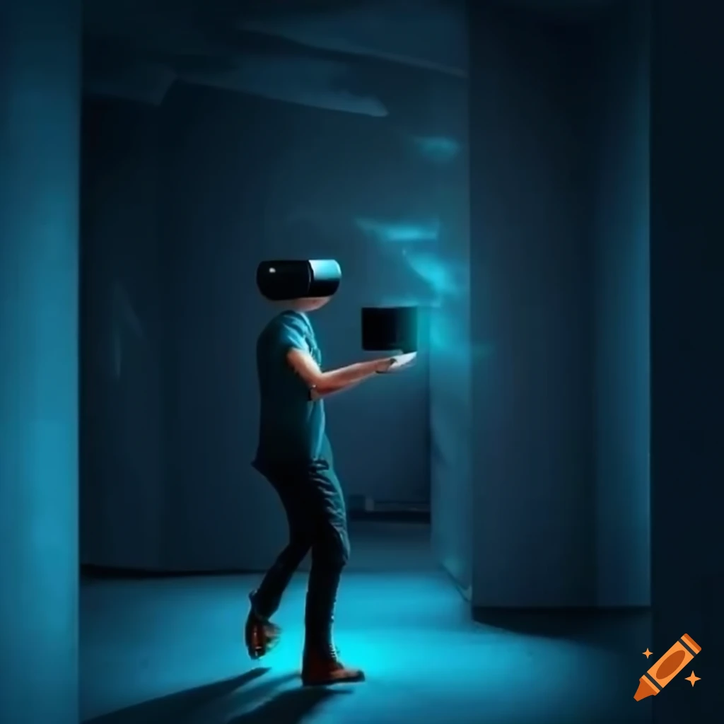 Man wearing a VR headset writing in the void on a holotile floor on Craiyon