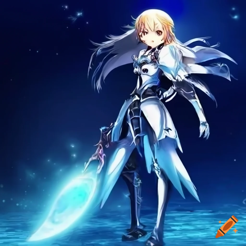 Angelic knight in action pose under the moonlight in anime style on Craiyon