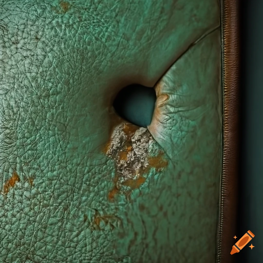 Close-up texture of worn green leather chair with stuffing coming out ...