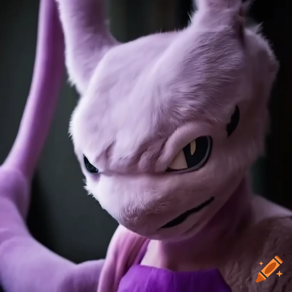 Woman in mewtwo mascot fursuit costume at home on Craiyon
