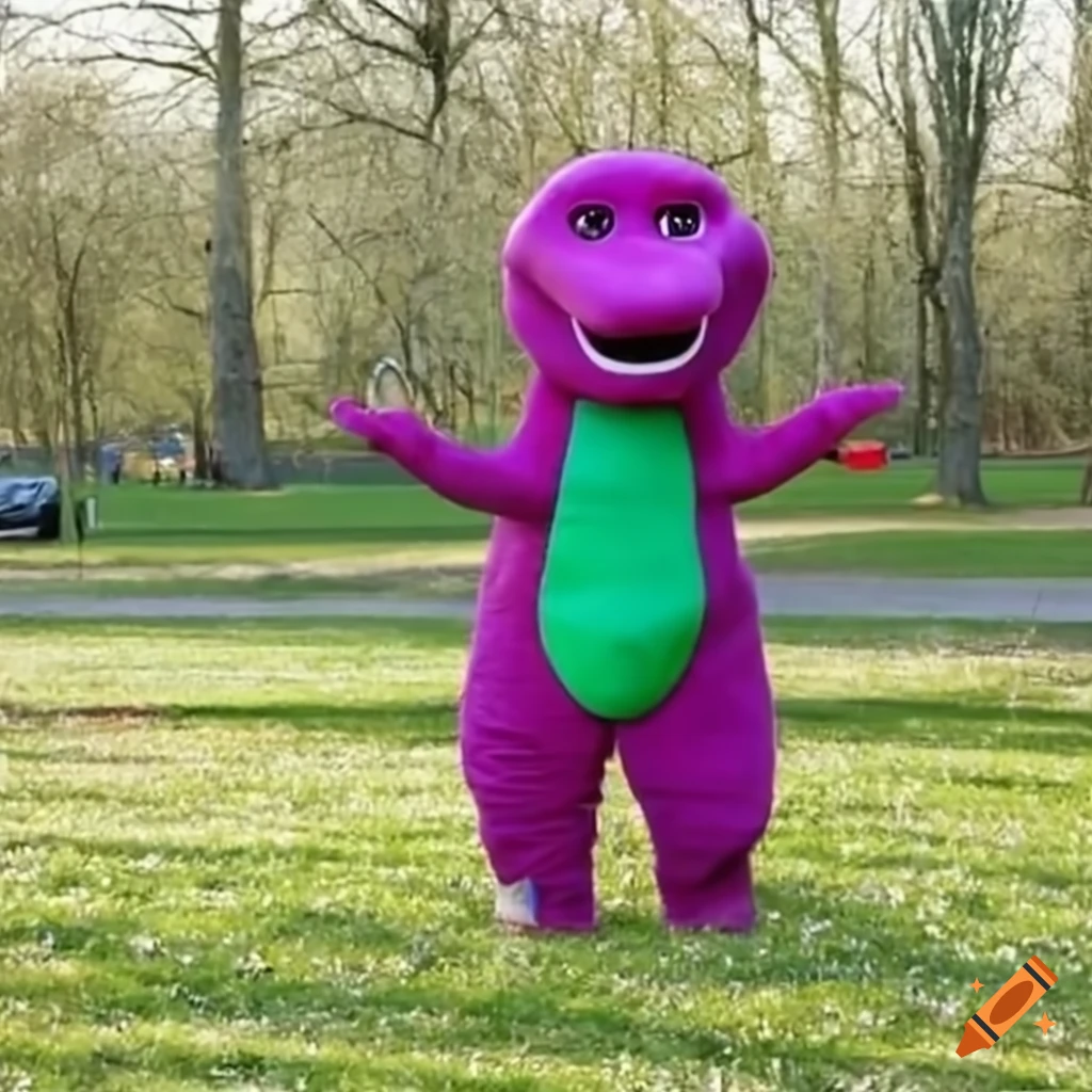 Mother wearing a full body barney mascot costume at park on Craiyon